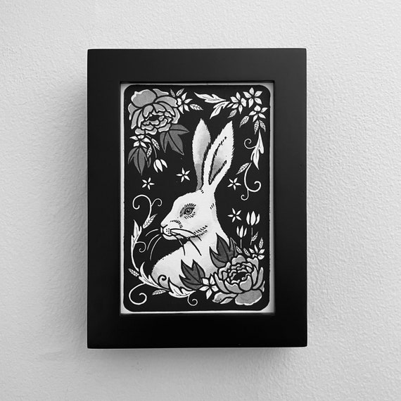 Rabbit Bunny Peony Flowers Linocut Print Watercolor Dark Art - Etsy