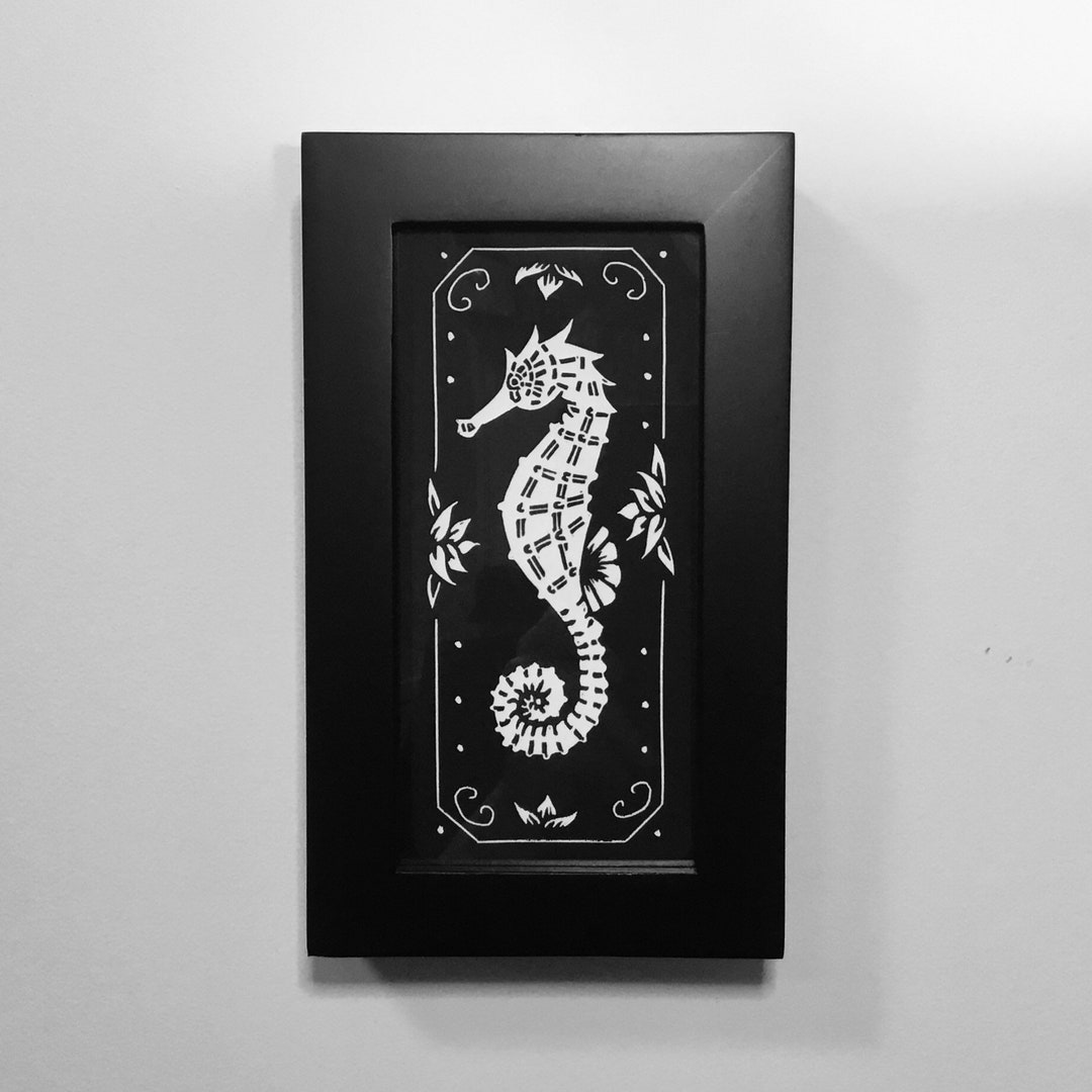 Seahorse and Flowers Linocut Print in a Frame Dark Art Gothic - Etsy