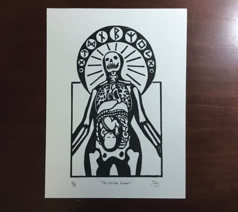 Linocut linoleum block print skull skeleton dark art death | Etsy