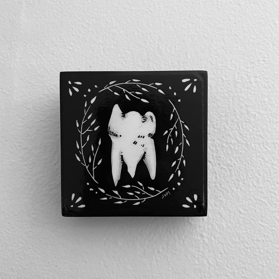 Tooth Three Flowers Linocut Print on Wooden Panel Plaque Dark Art ...