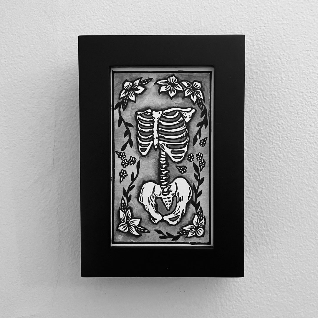Linocut Linoleum Block Print Watercolor Skeleton and Flowers in Frame ...