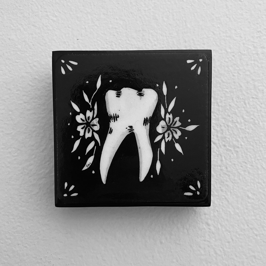 Tooth Two Flowers Linocut Print on Wooden Panel Plaque Dark - Etsy