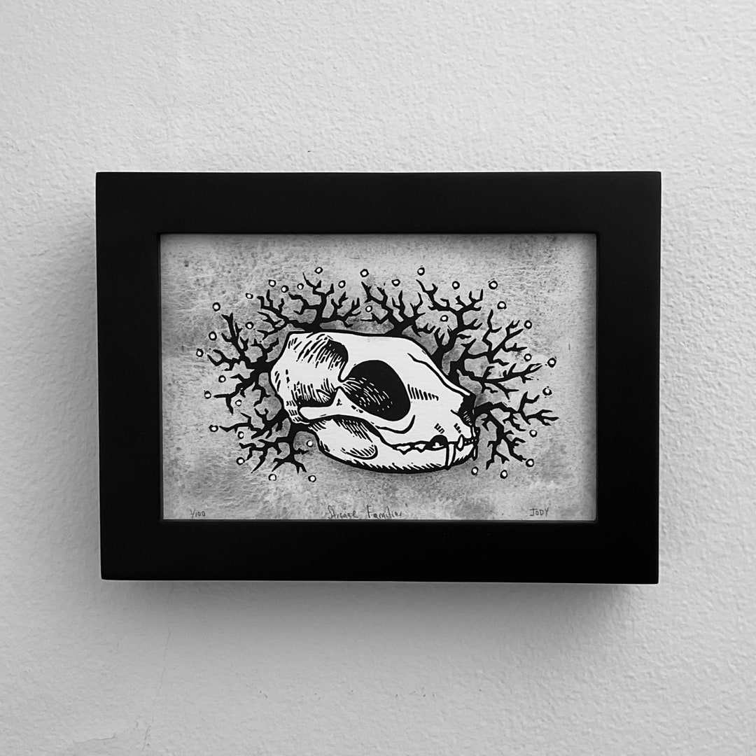 Cat Skull Trees Linocut Print Watercolor Dark Art Gothic Decor - Etsy