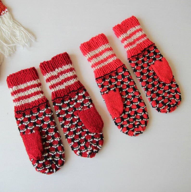 Set of Two Knitted Mittens for 5-6 Years Old Twins. Red Hand Warmers as ...