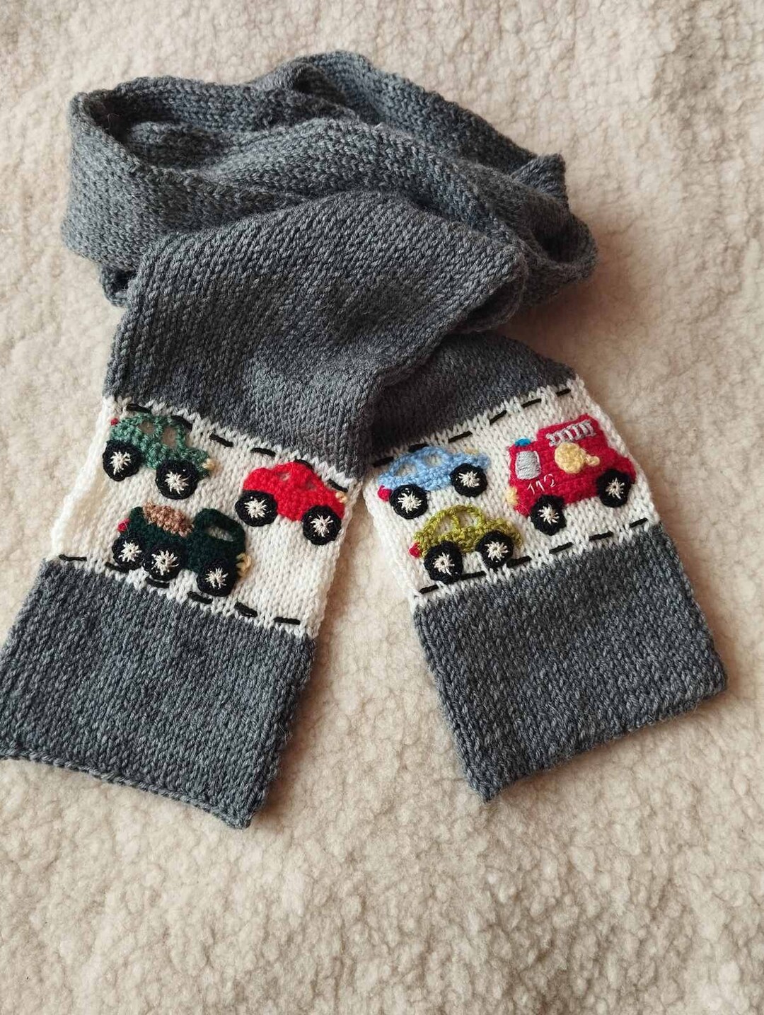 Handmade Knitted Kids Scarf: Grey Merino Wool With Colorful Cars - Etsy