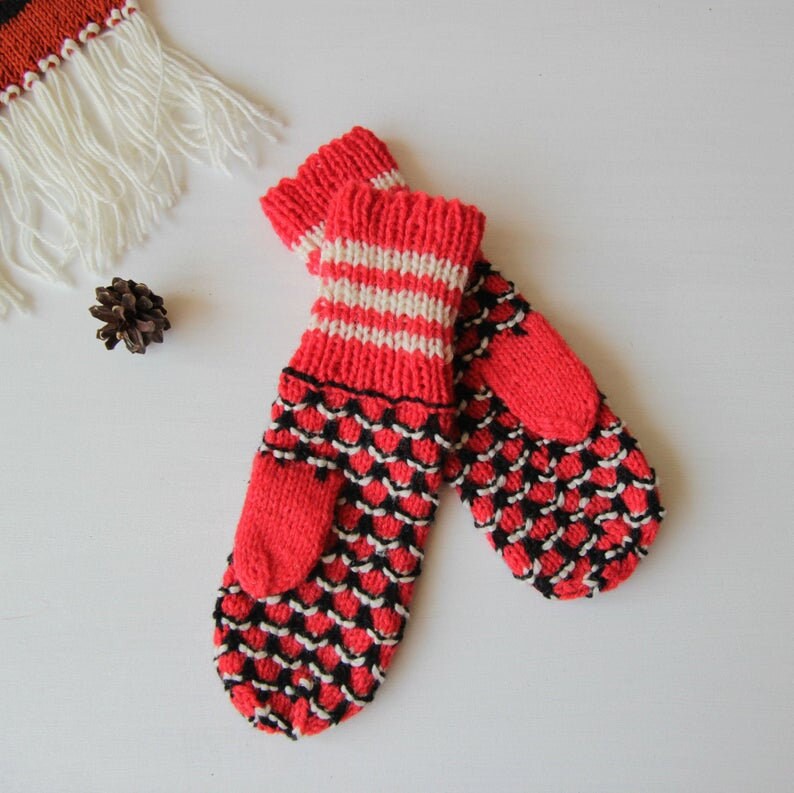 Set of Two Knitted Mittens for 5-6 Years Old Twins. Red Hand Warmers as ...