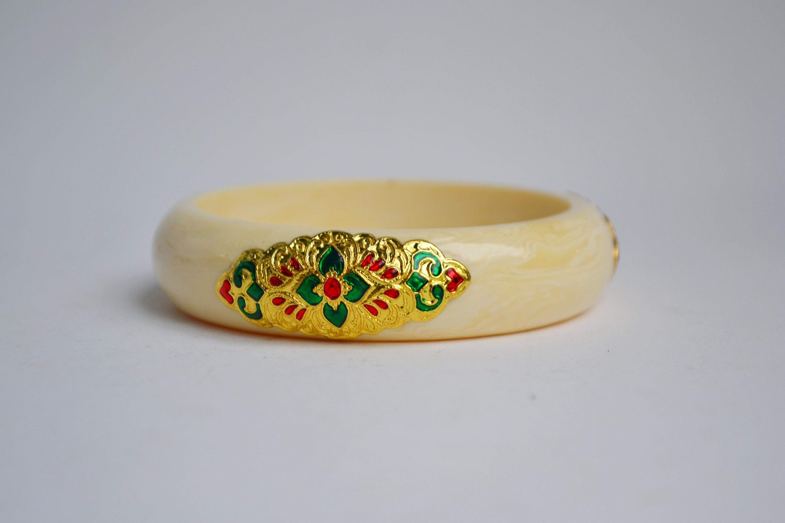Ivory bakelite bracelet with enamel metal decorations 1980s | Etsy