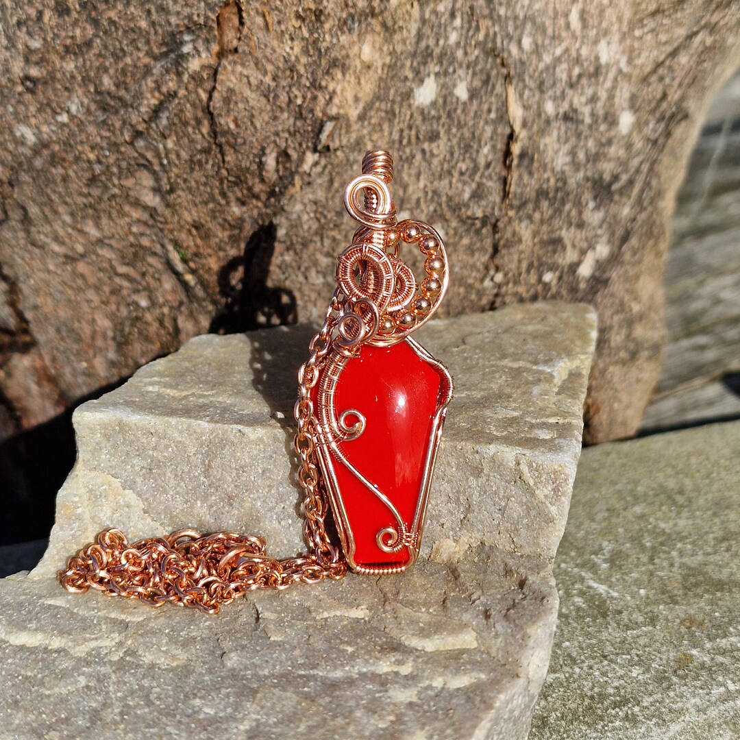 Natural Copper Red Coral Coffin Pendant • Wire Wrapped • Hand Made ...