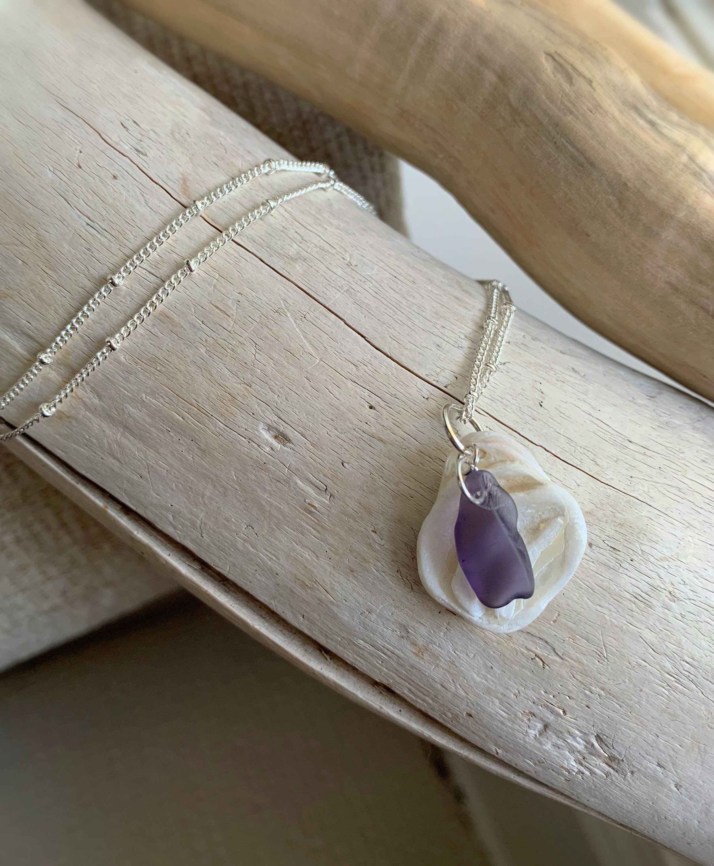 34” Necklace with Purple Sea Glass & Shell Pendant on a Satellite Style ...