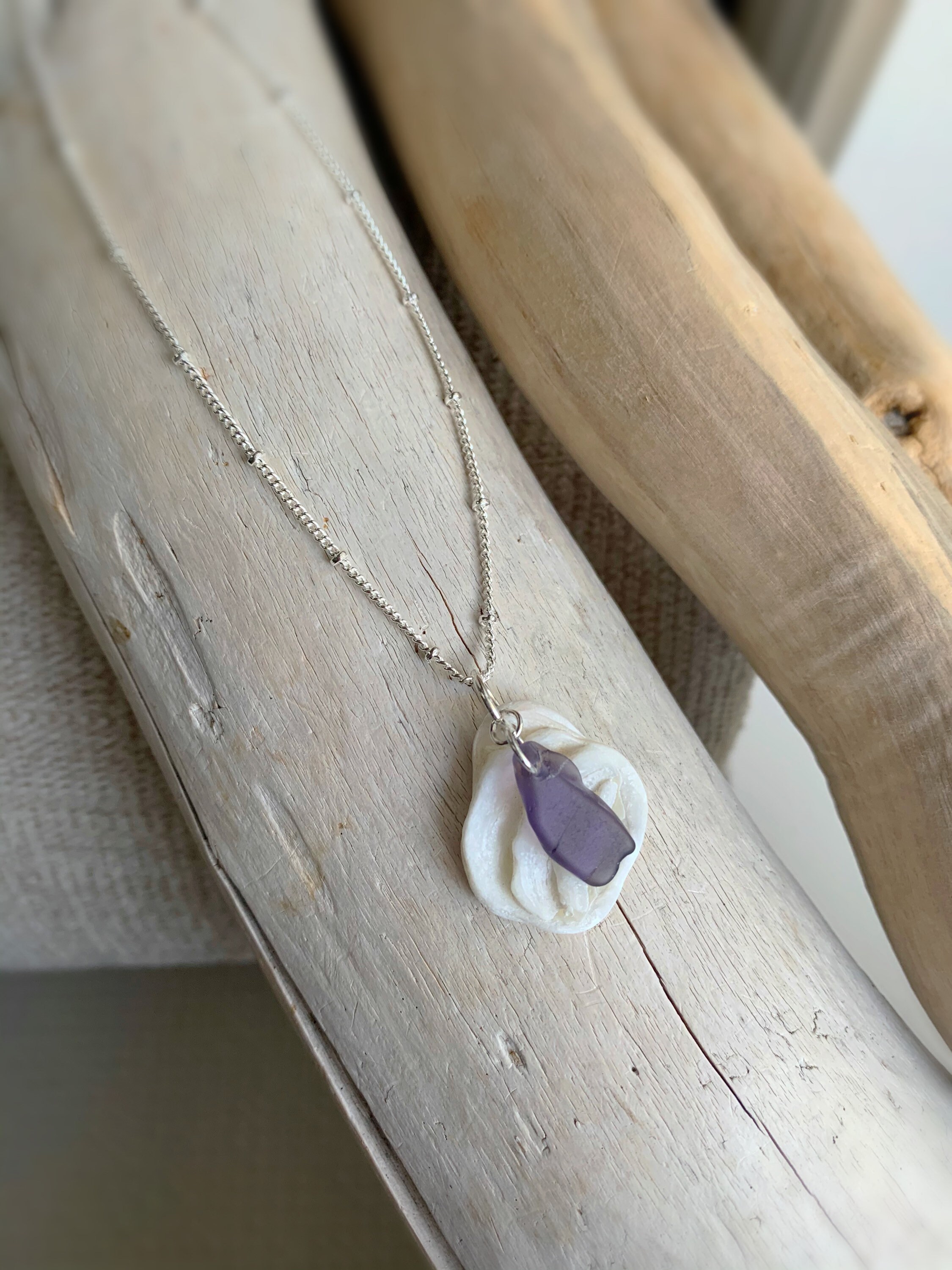 34” Necklace with Purple Sea Glass & Shell Pendant on a Satellite Style ...