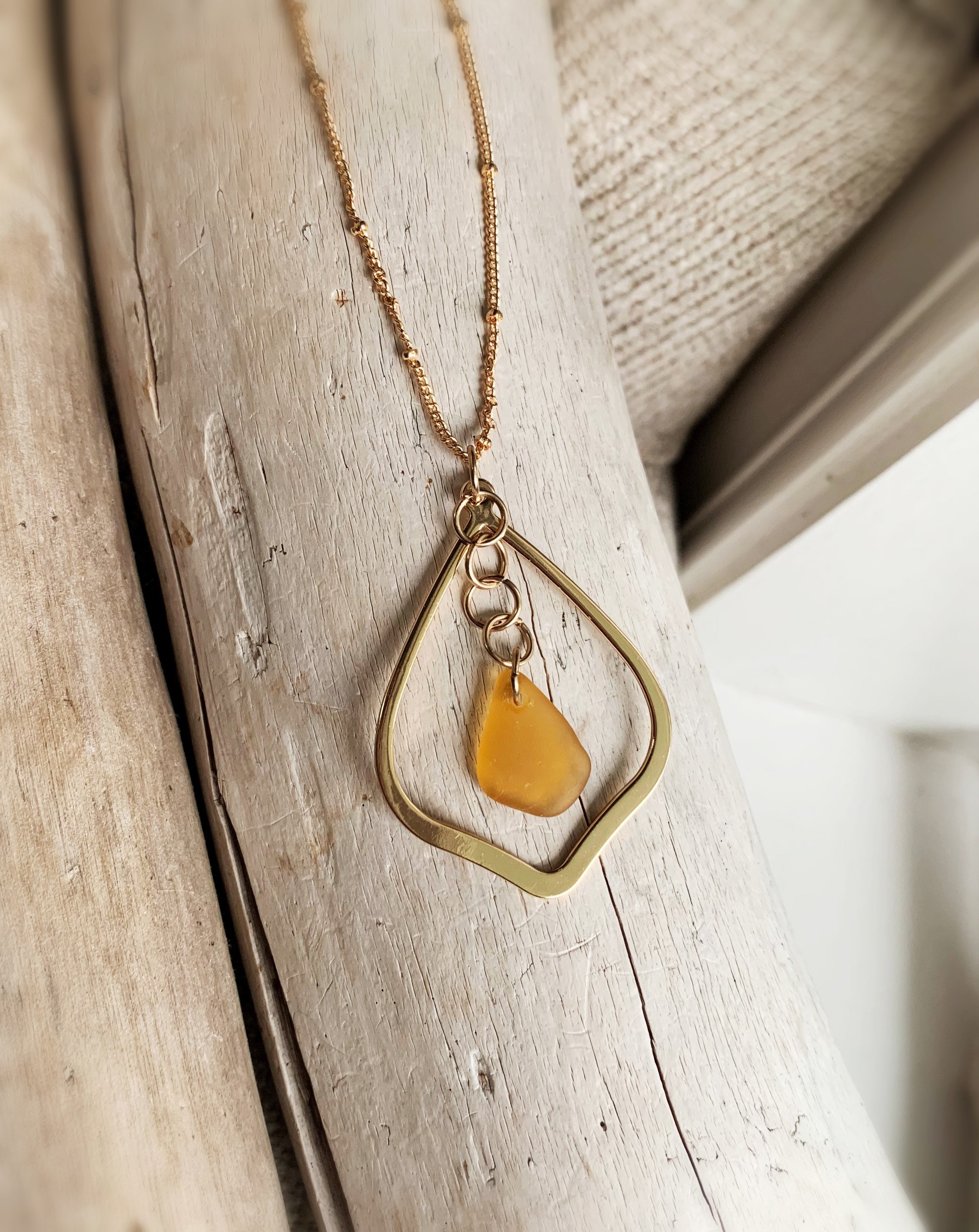 34 Gold Necklace with Amber Sea Glass Pendant. Ocean Necklace, Beach ...