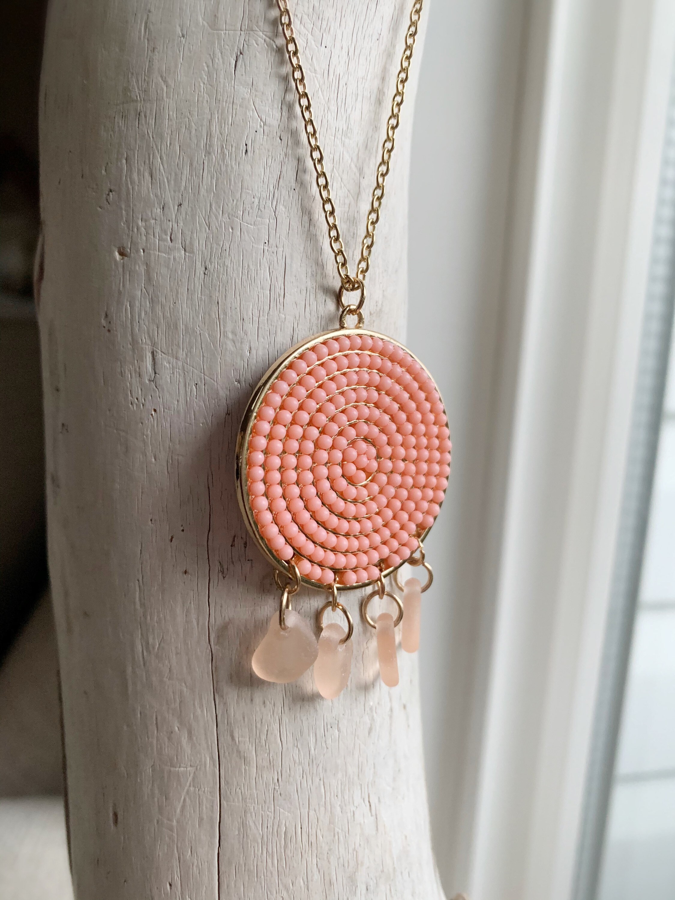 33” Gold Necklace featuring a Boho Beaded Peach Coloured Pendant with ...