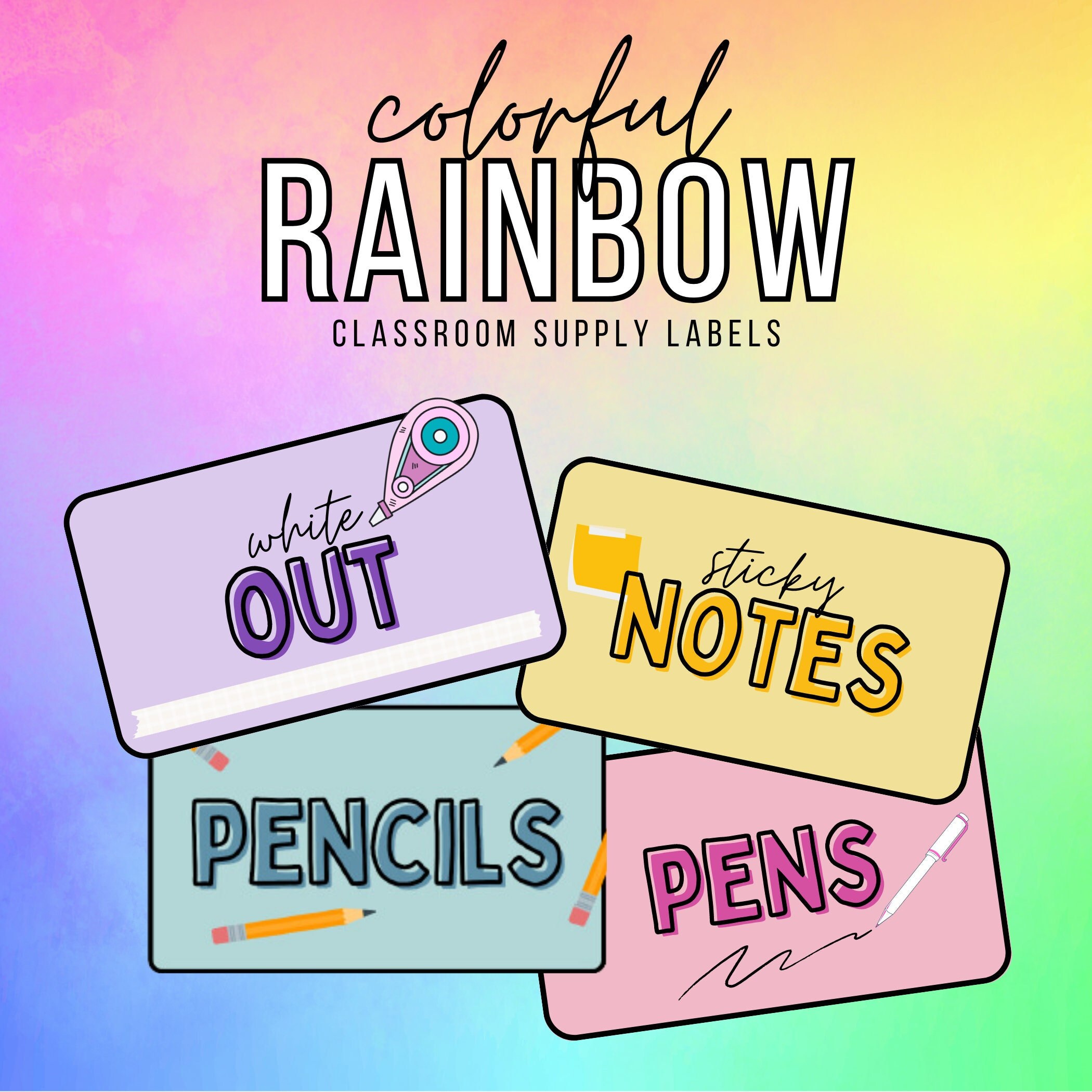 Printable Classroom Supply Labels - Colorful Rainbow | School Supply ...