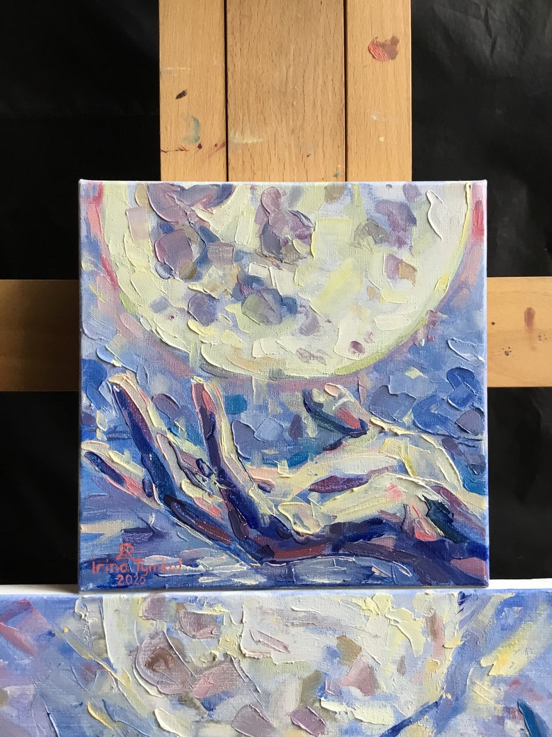 Blue Moon Hand and Moon Full Moon Painting Moonlight Wall Art Pink Moon ...