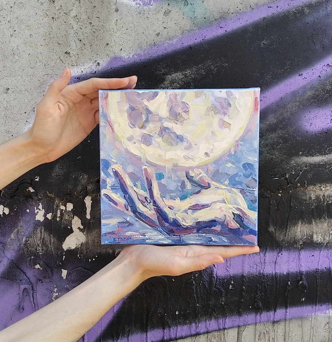 Blue Moon Hand and Moon Full Moon Painting Moonlight Wall Art Pink Moon ...