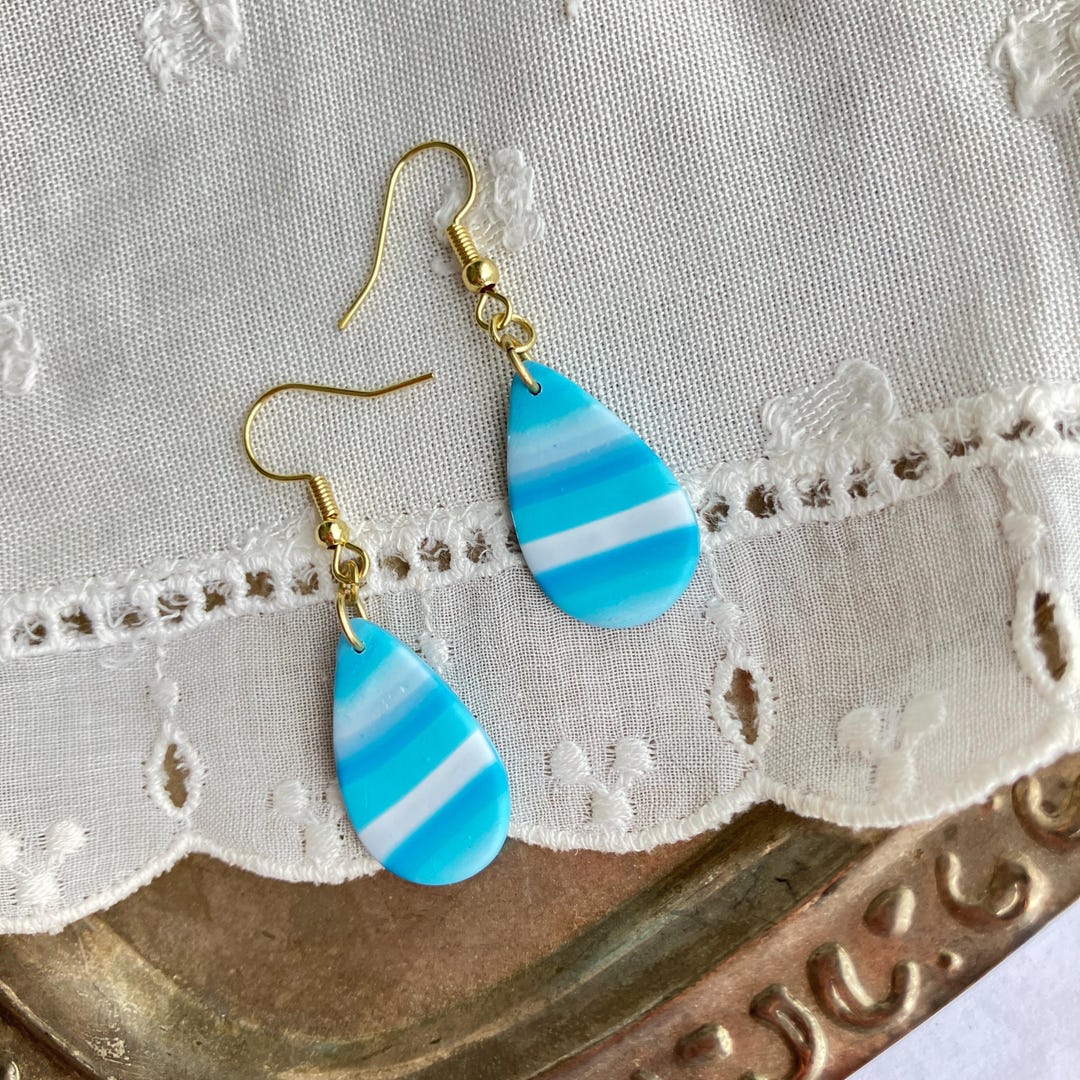Blue and White Striped Polymer Clay Teardrop Earrings Accent Earrings ...