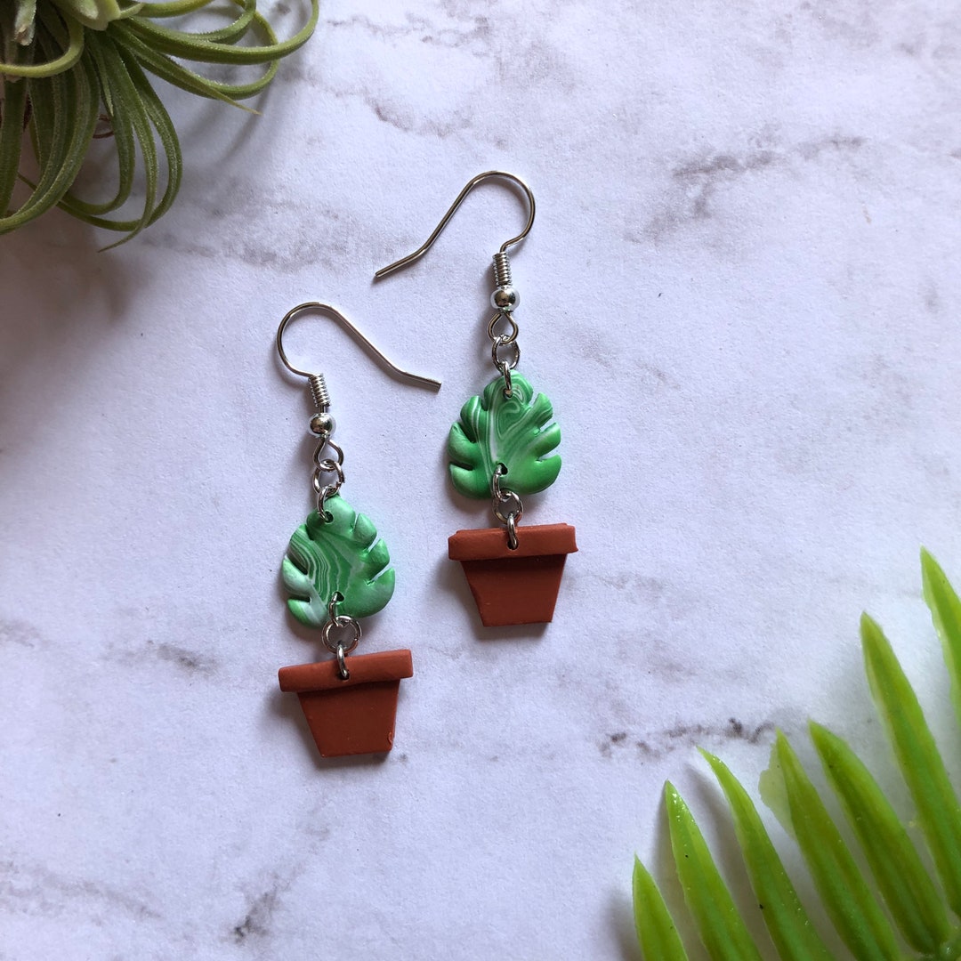Dangle Monstera in Terra Cotta Pot Handmade Polymer Clay Earrings ...