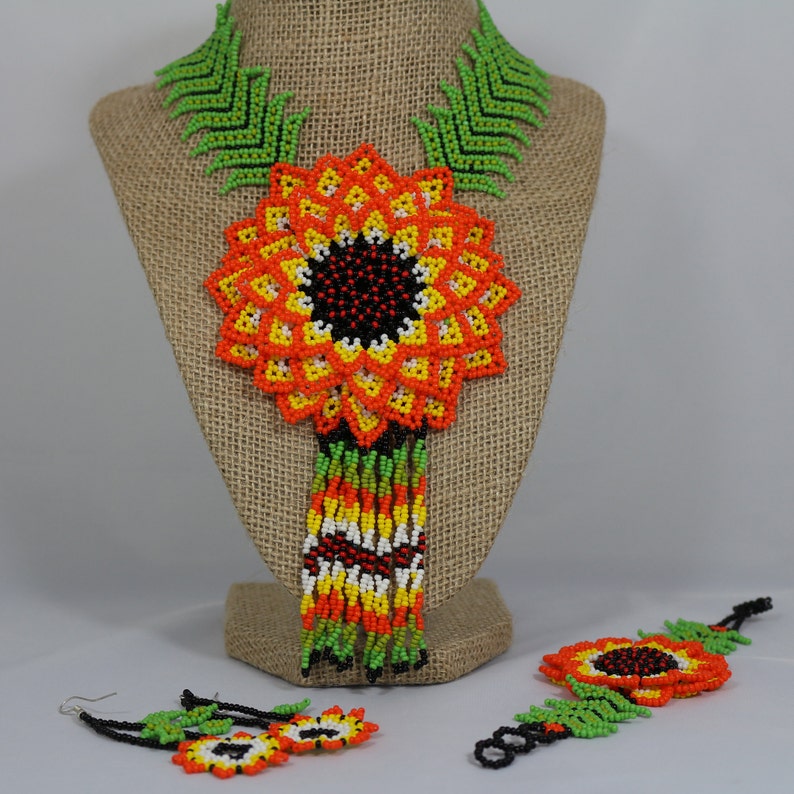 Huichol Necklace Mexican Jewelry Set Flower Necklace Etsy
