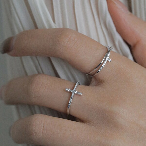 White Gold Double Cross Ring - Etsy