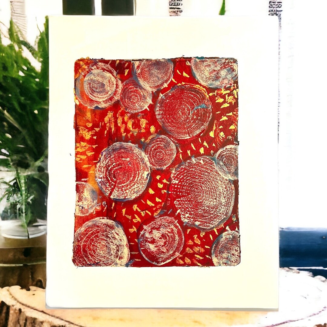 Red and Bronze Abstract Monoprint Wood Slices and Pinecones 8x10 Print ...