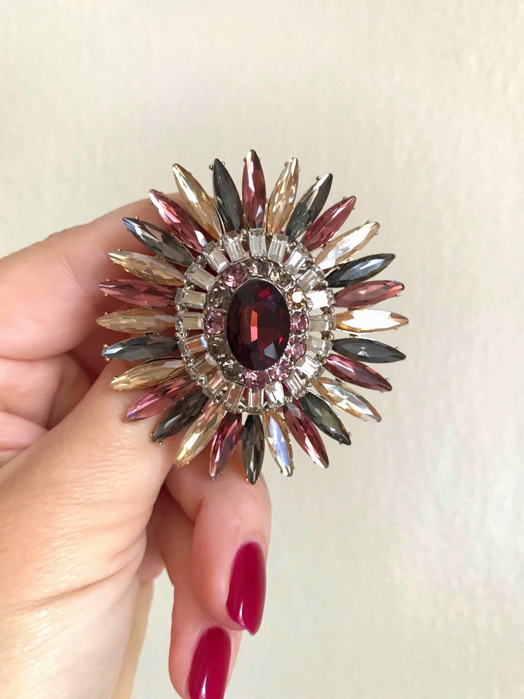 Burgundy Brooch. Burgundy Pendant Brooch. Large Burgundy Rhinestones ...