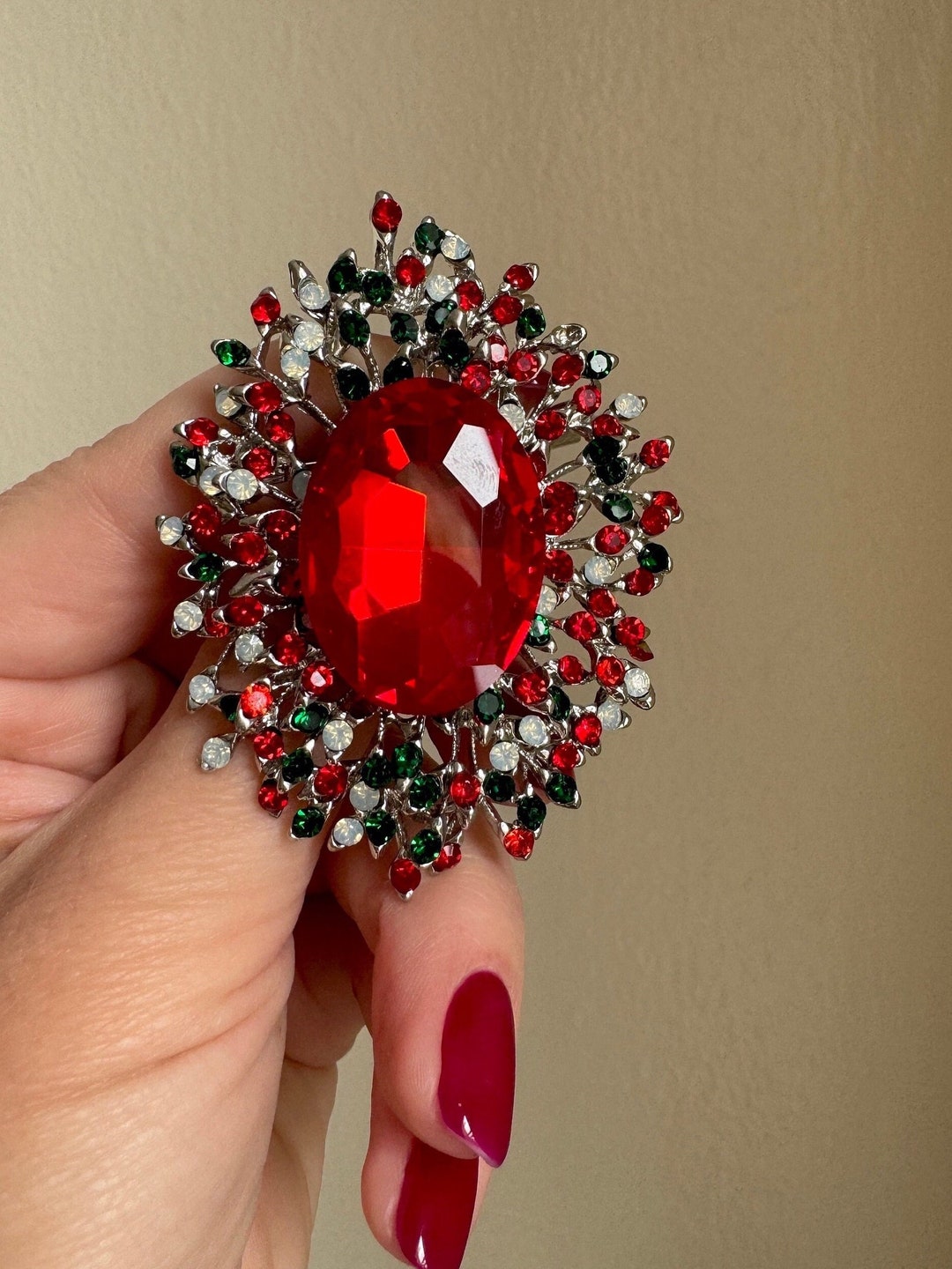 Ruby Rhinestone Brooch. Large Ruby Lapel Pin. Trendy Crystal Broach ...