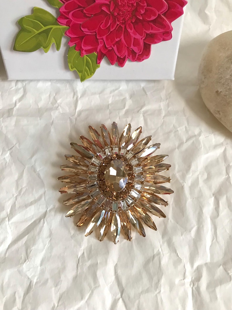 Large Gold Broach. Gold Rhinestone Brooch. Oversized Gold Brooch ...