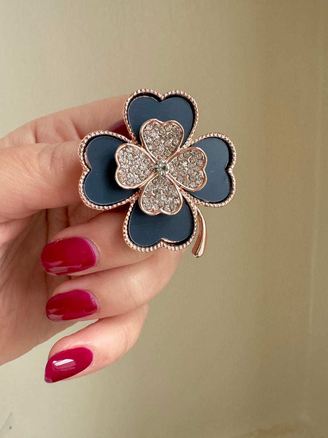 Rhinestone Brooch. Black Clover Brooch. Black Rose Gold Clover Pin ...