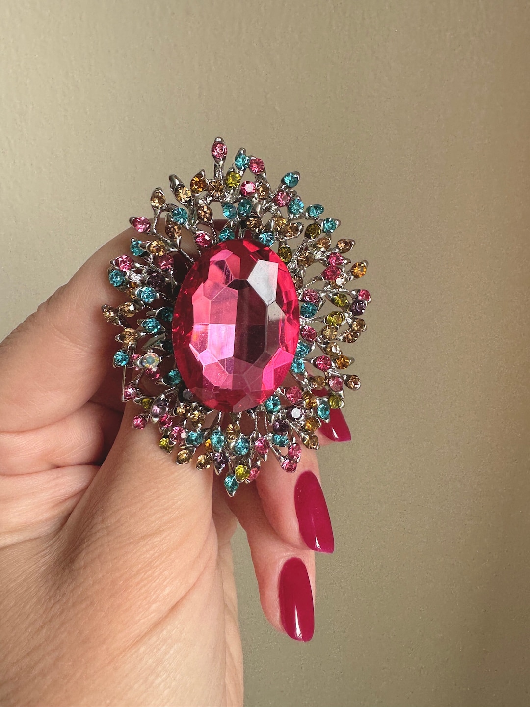 Vintage Pink Crystal Brooch. Pink Rhinestone Brooch. Large 2.8” Lapel ...