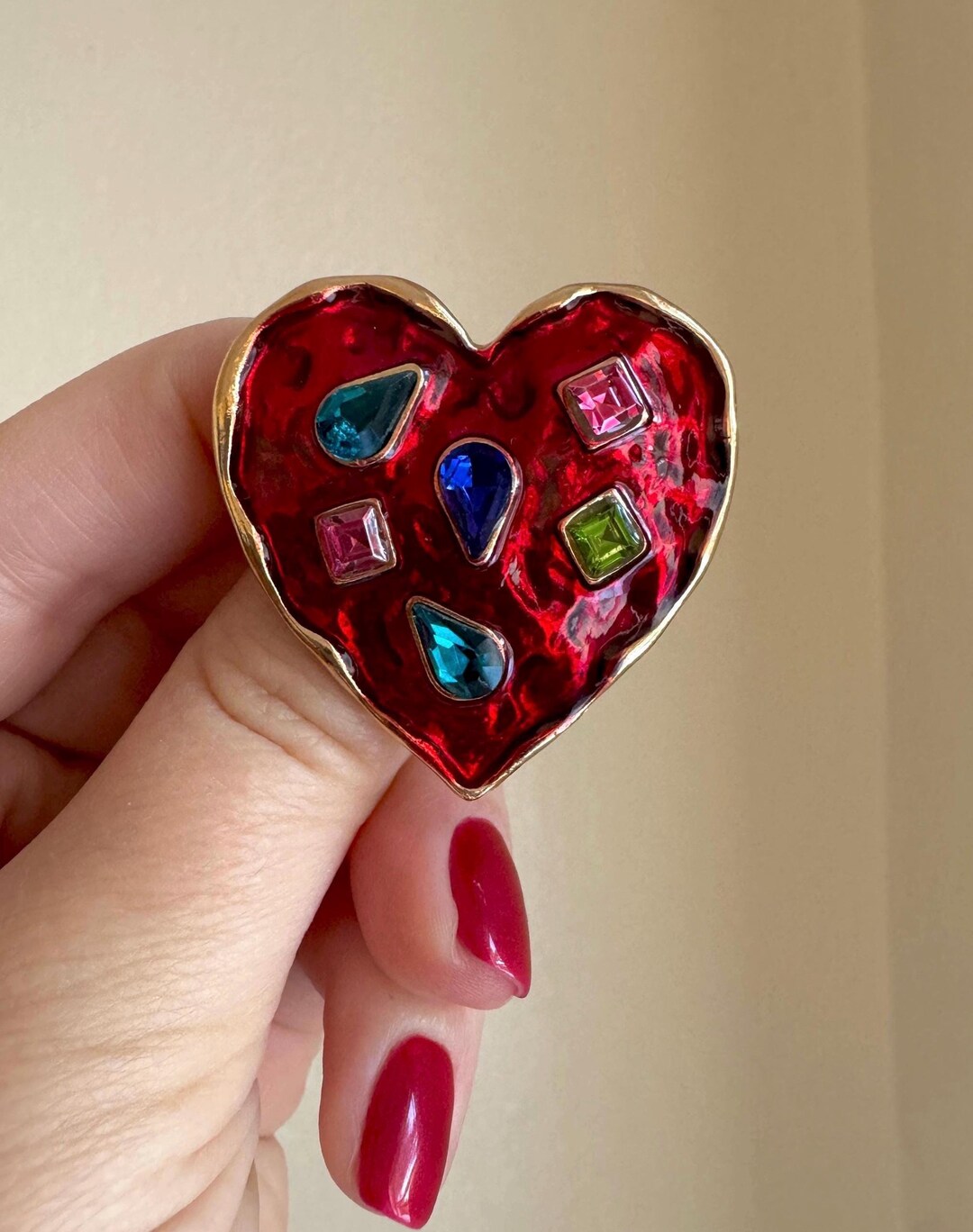 Red Heart Enamel Brooch. Statement Heart Brooch. Red Rhinestone Heart ...