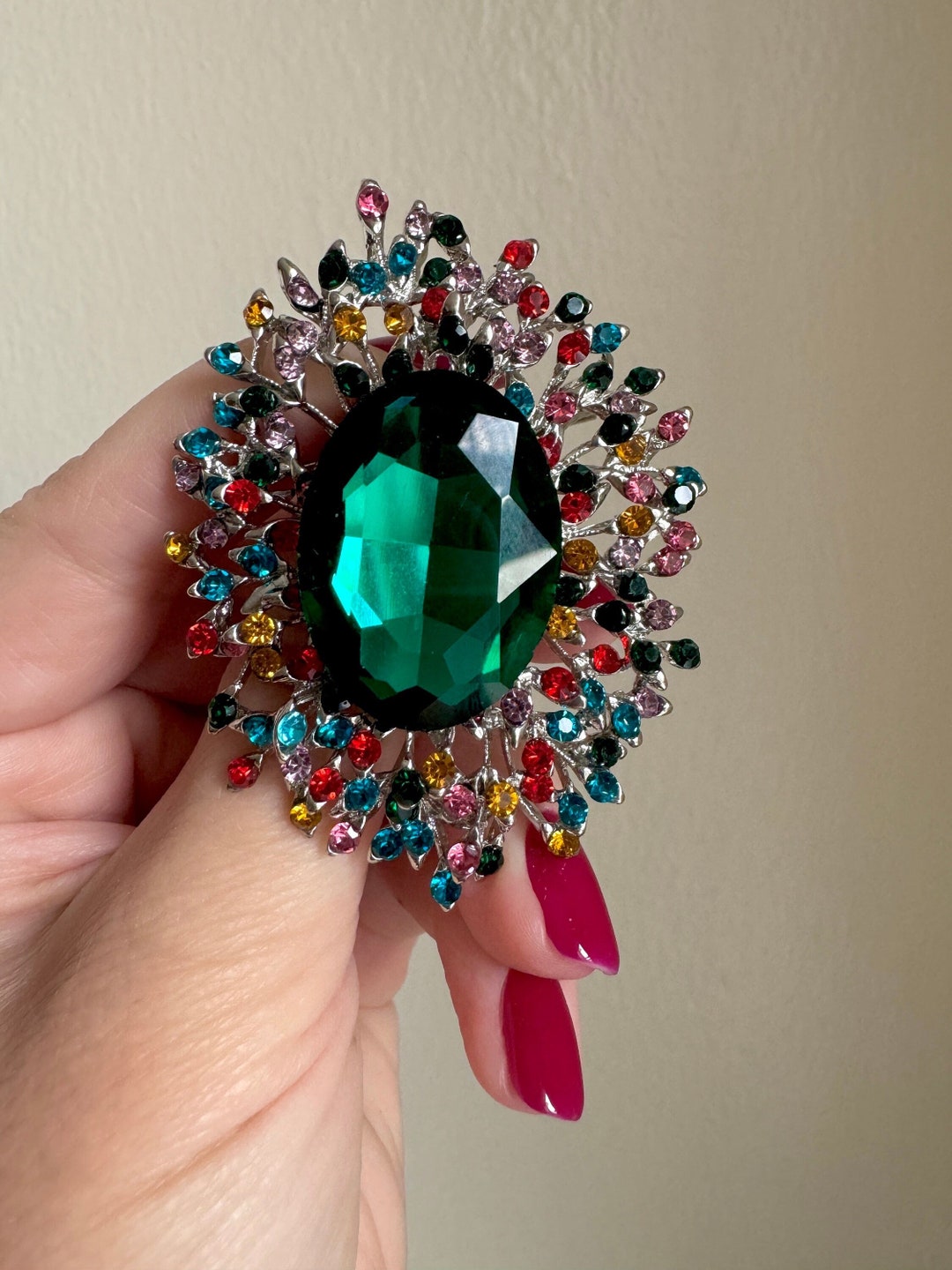 Emerald Green Brooch, Large Crystal Rhinestone Statement Pin, Vintage ...