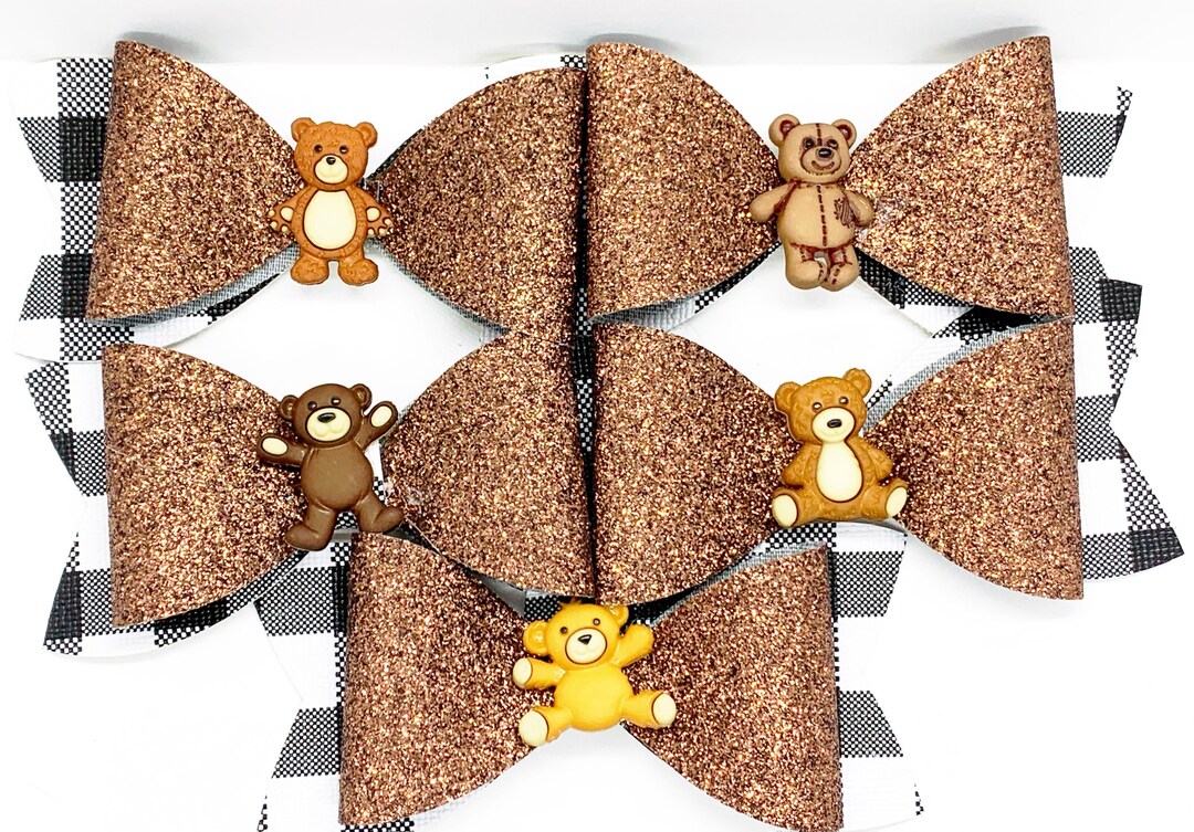 Teddy Bear Hair Bows, Black Plaid Hair Bows, Brown Glitter Bows, Bear ...