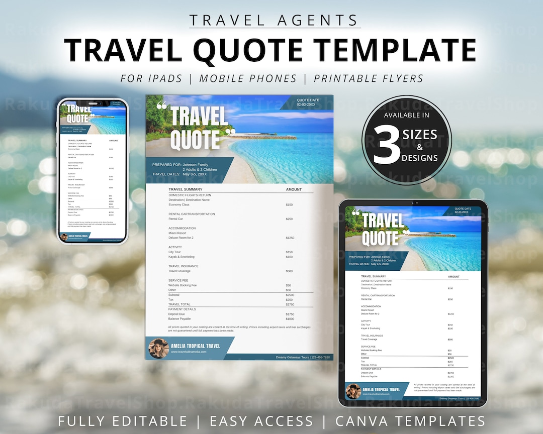 Canva Travel Agent Quote Template, Textable or Printable Quotation ...