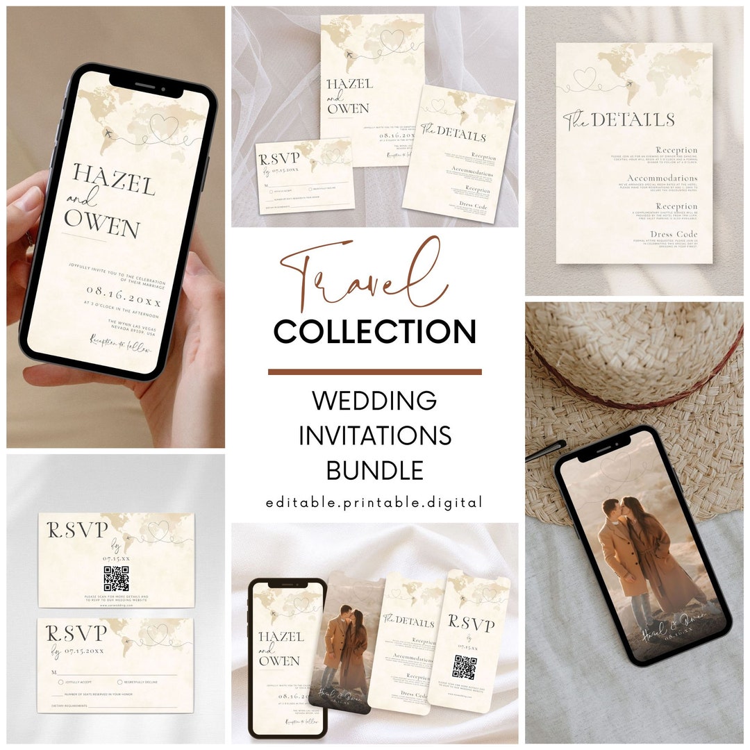 Travel Themed Wedding Invitation Canva, Editable Destination Wedding ...
