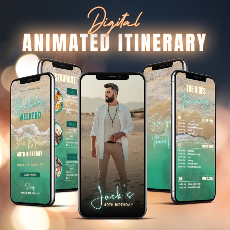 Animated Beach Birthday Trip Itinerary for Men, Editable Mobile ...