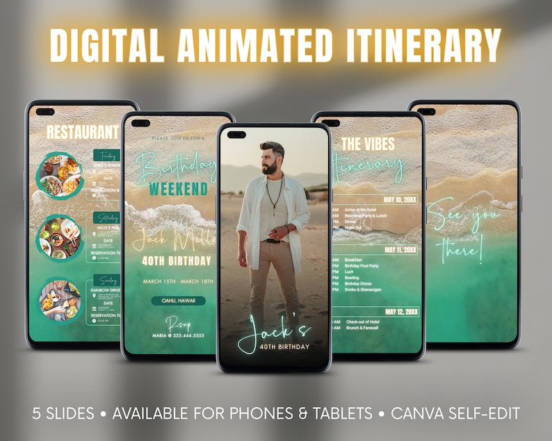 Animated Beach Birthday Trip Itinerary for Men, Editable Mobile ...