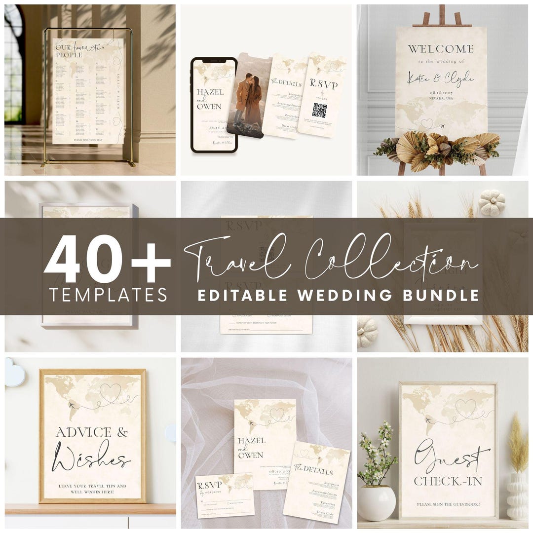 World Map Theme Wedding Invitations and Signs Bundle, Travel Theme ...