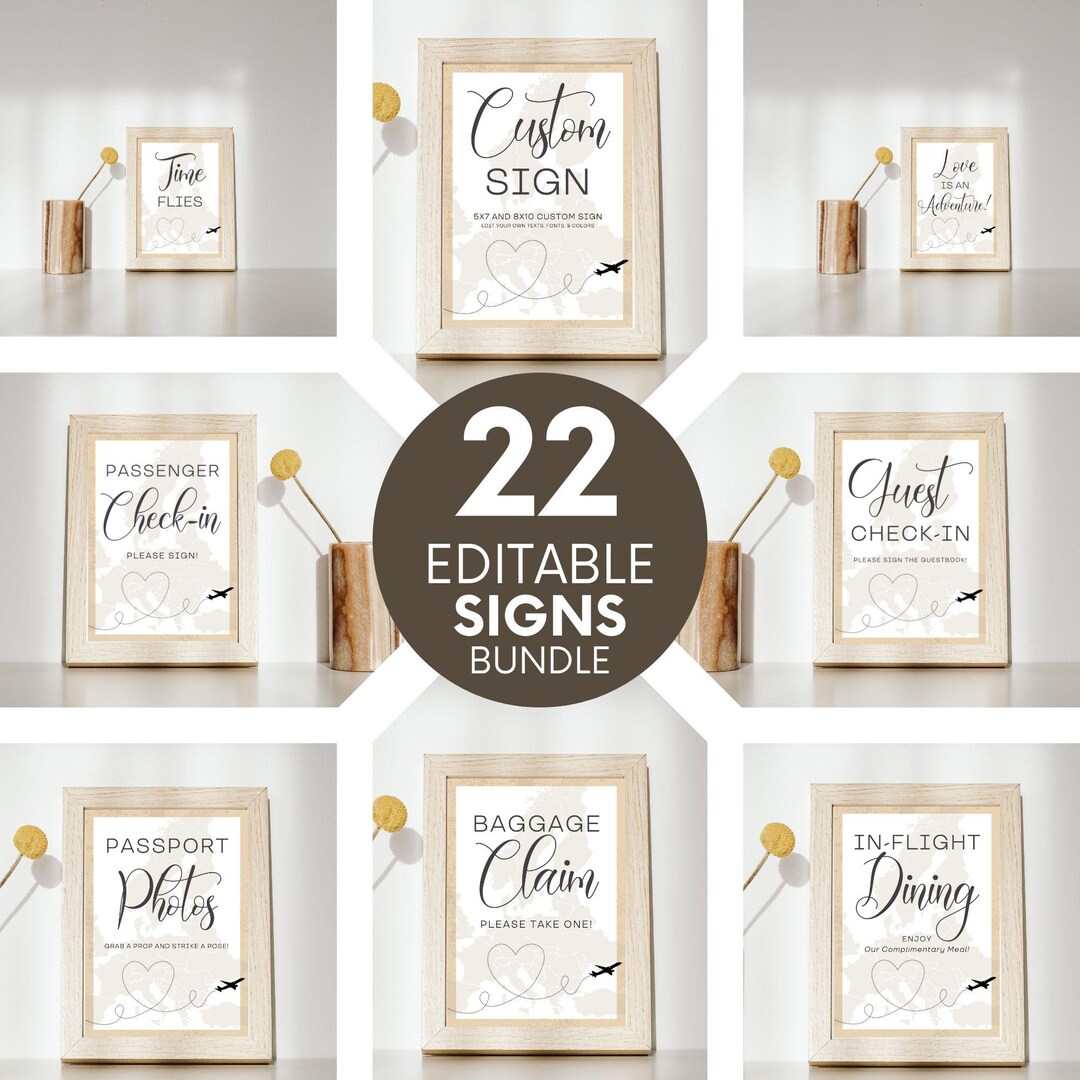 Travel Themed Table Signs, Editable Heart Direction Plane Bridal Shower ...