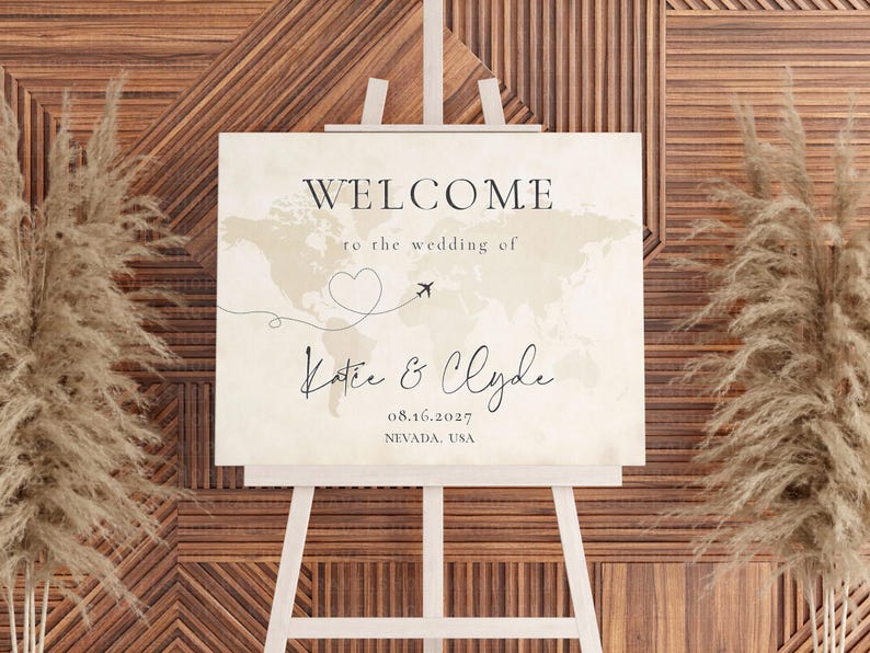 Travel Theme Welcome Sign, Modern Wedding World Map Welcome Poster ...