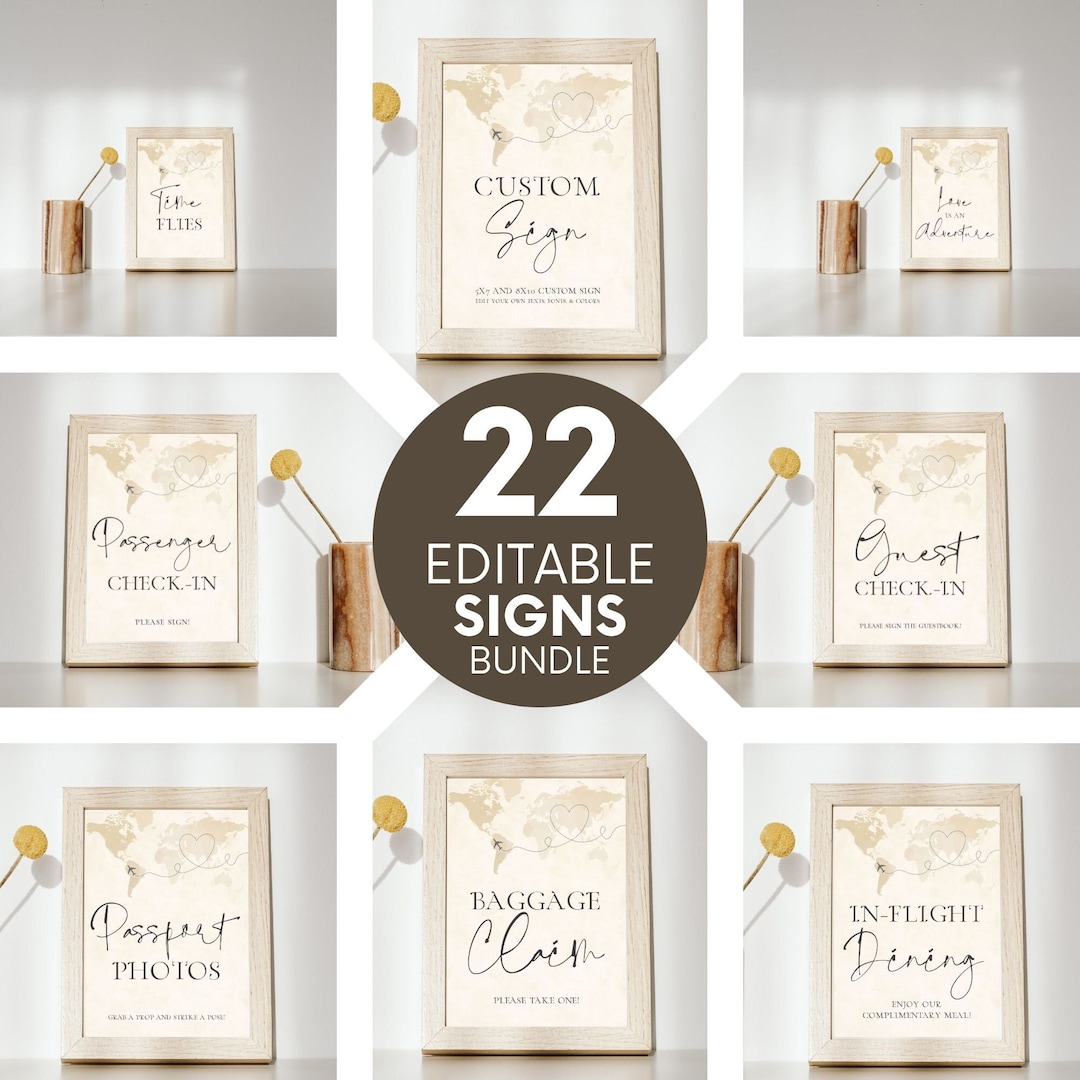 Travel Theme Wedding Signage Bundle, Editable Destination Signs (canva ...
