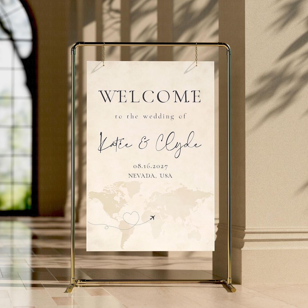 Travel Theme Wedding Welcome Sign, Editable World Map Themed Welcome ...