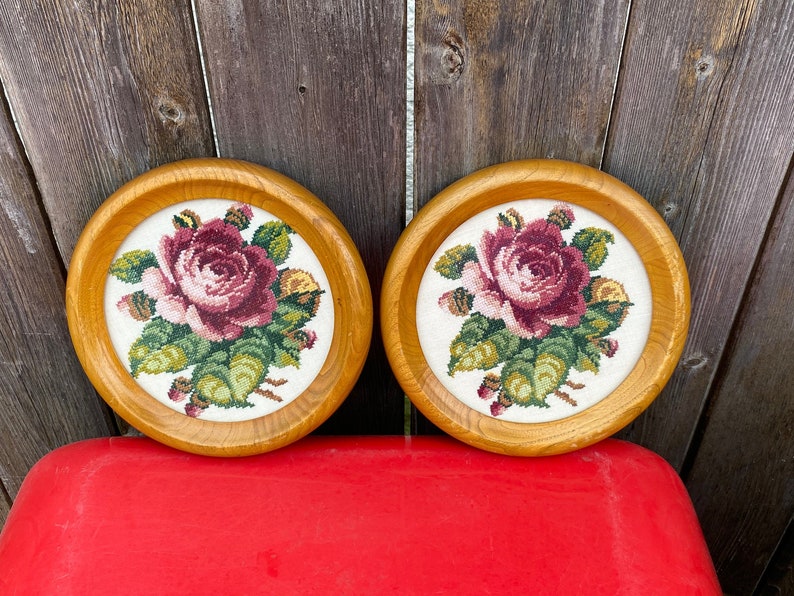 Vintage Pair Framed Petit Point Floral Roses 1980s - Etsy