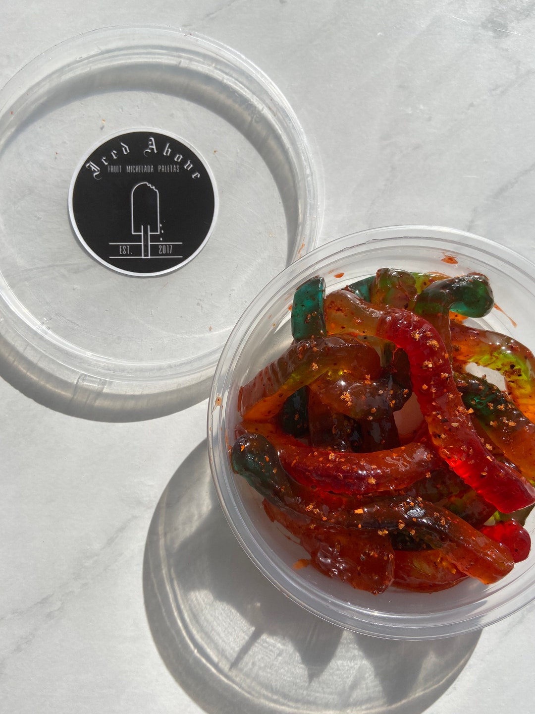 Gourmet Sweet and Spicy Gummy Worms Coated in a Tasty Homemade Chamoy ...