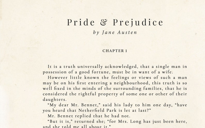 Pride and Prejudice Poster First Page Chapter 1 Wall Art | Etsy