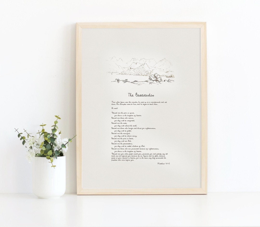The Beatitudes Christian Wall Art Sketch, Matthew 5:1-12 Vintage ...