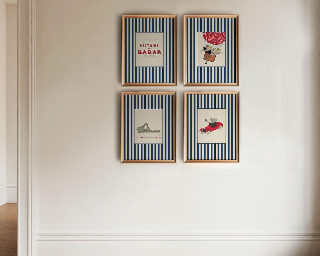 Babar Nursery Art Prints DIGITAL DOWNLOADS, Set of 4 Navy Blue Stripes ...