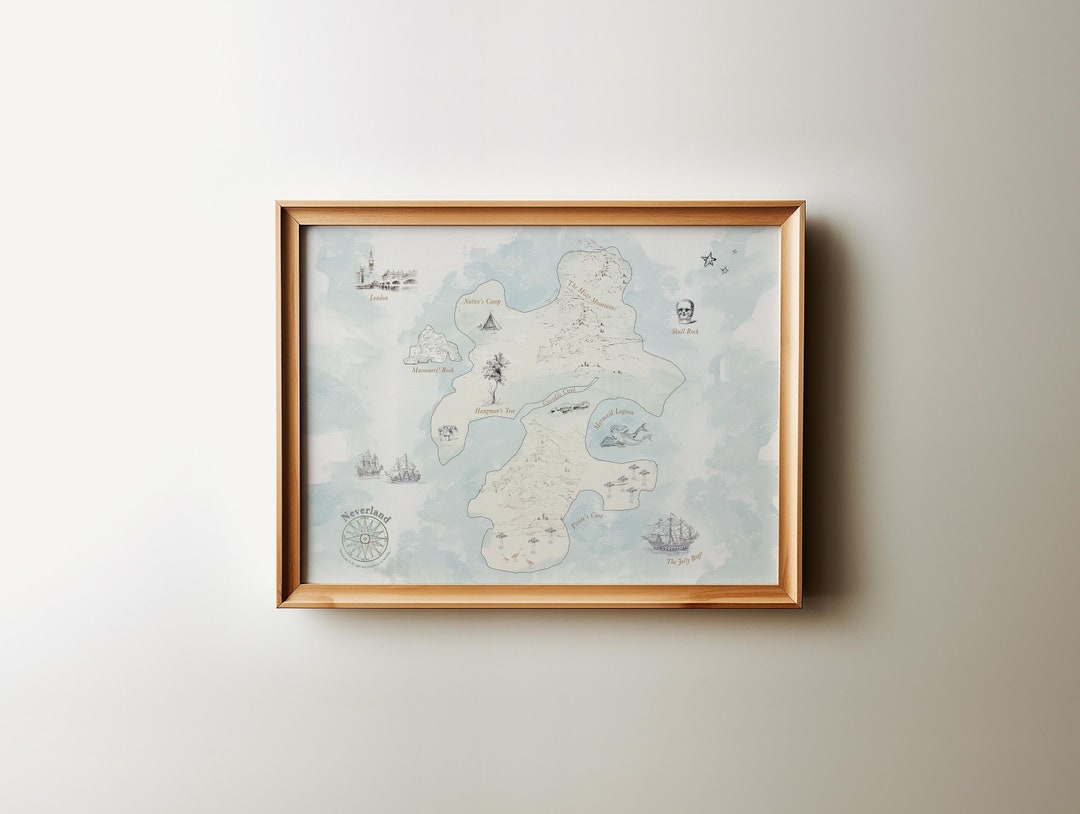 Peter Pan Neverland Map, PRINTABLE Landscape Nursery Art, Literary ...