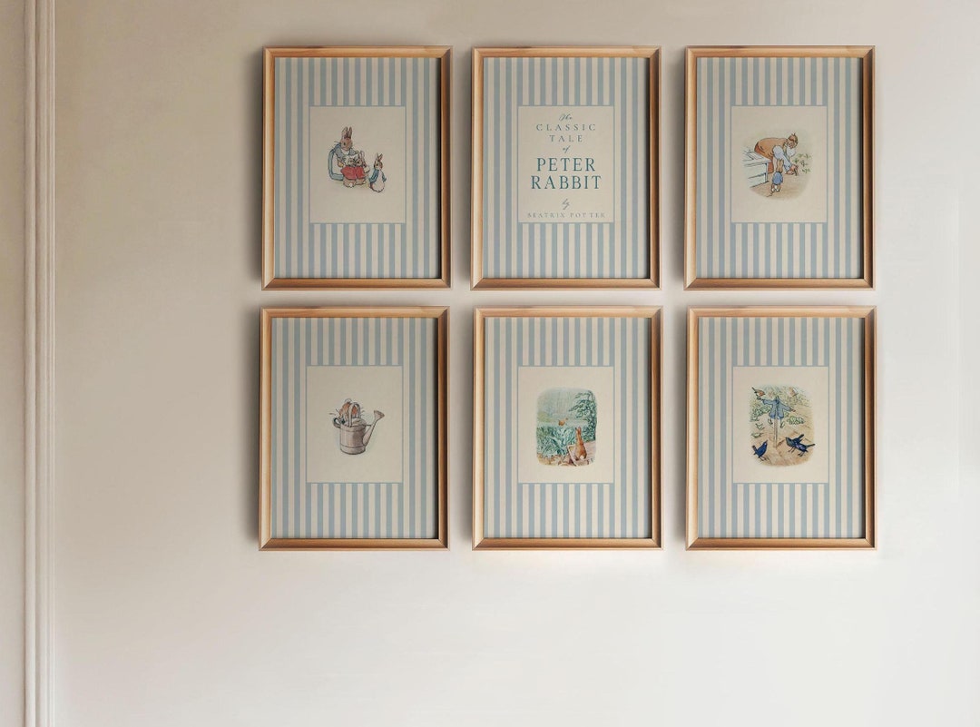 Peter Rabbit Nursery Prints, Vintage Blue Stripes Wall Art (digital ...