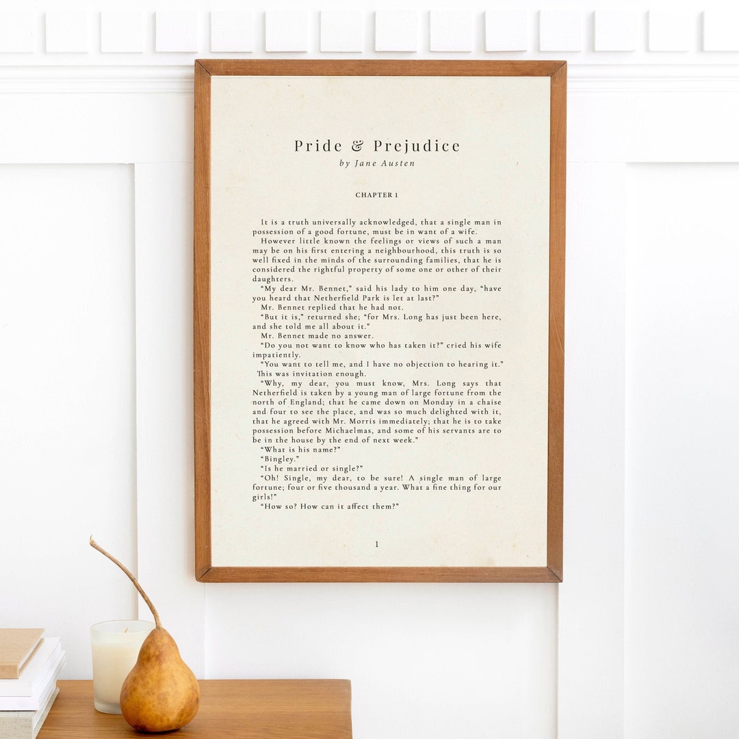Pride and Prejudice Poster, First Page Chapter 1 Wall Art, Jane Austen ...