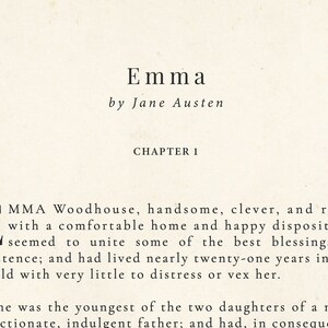 Jane Austen Emma Poster, First Page Chapter 1 Wall Art, Literary ...